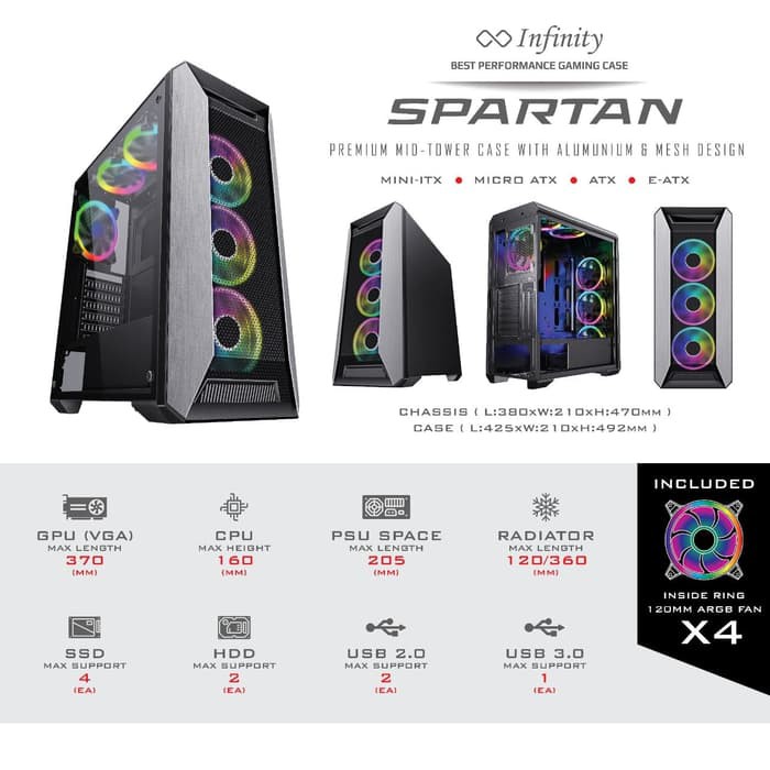 Jual Casing Komputer PC Gaming INFINITY SPARTAN Middle Tower Case (NON ...