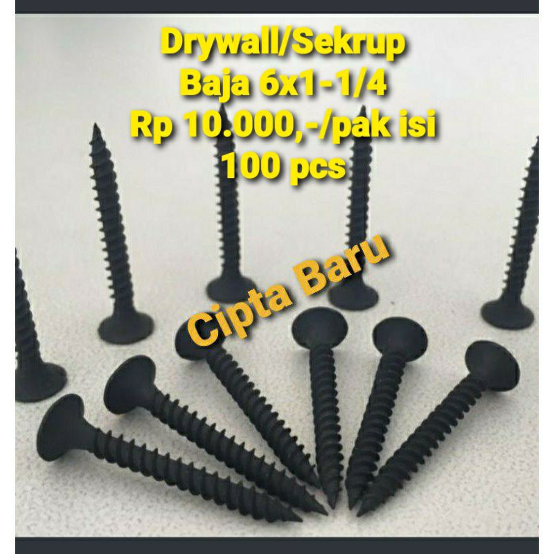 Jual (100 pcs)Drywall/sekrup baja/sekrup gypsum tajam murah kualitas bagus 6x1 1/4(pjg 3cm ...
