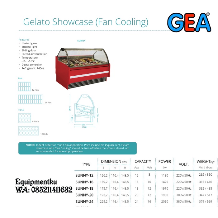Jual GELATO SHOWCASE FAN COOLING GEA SUNNY-12 with HOLE | Shopee Indonesia