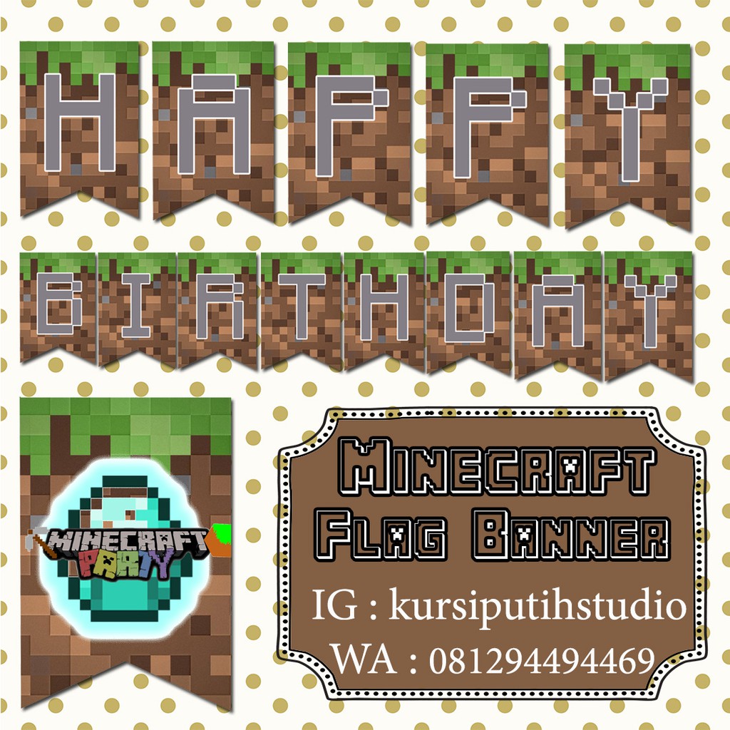 Jual Birthday Flag Banner tema minecraft complete set | Shopee Indonesia