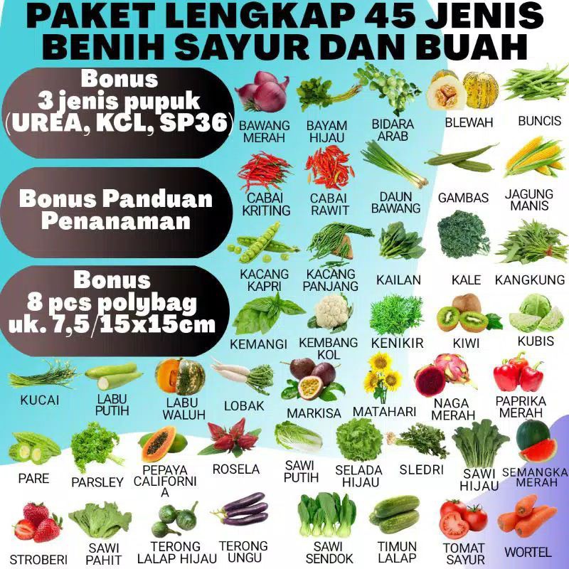 Jual Paket lengkap menanam 45 jenis benih sayur dan buah +panduan ...