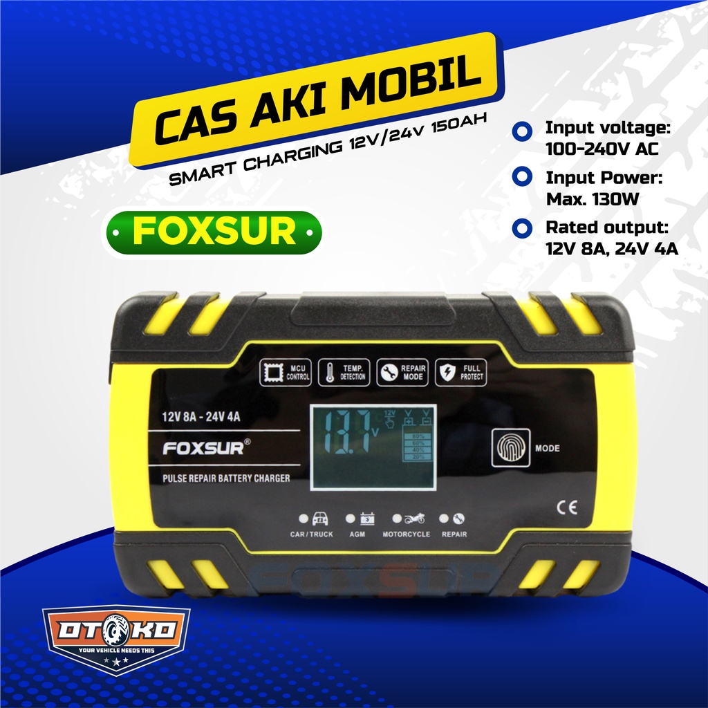 Jual Cas Aki Mobil FOXSUR Carger Aki Mobil 130W 12V/24V 150Ah with LCD FBC122408D Cas Aki Cepat ...