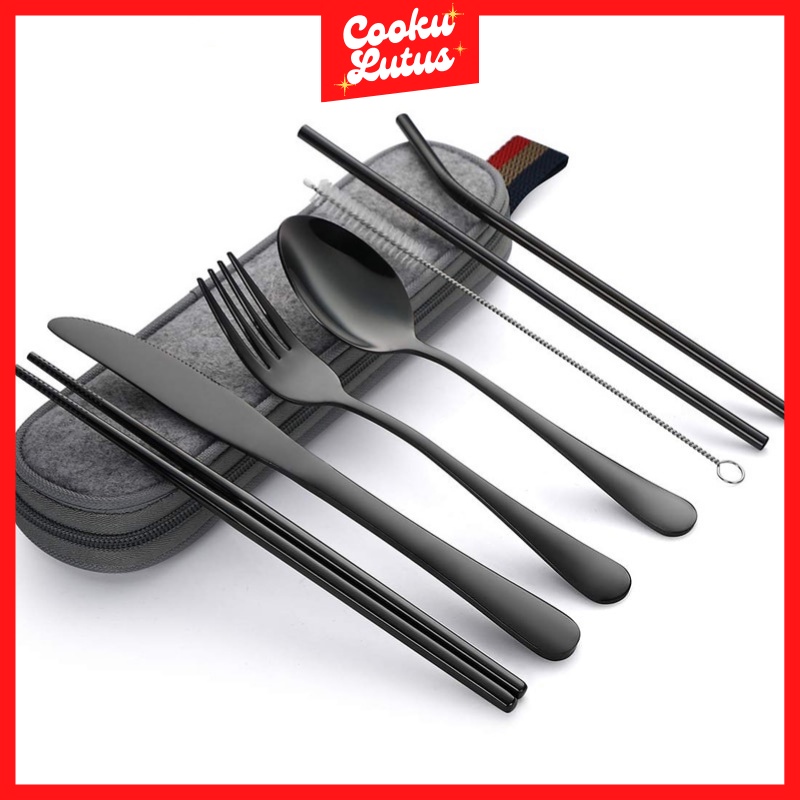 Jual SET ALAT MAKAN 6IN1 Sendok Garpu Pisau Sumpit Sedotan Besi Japanese Style - Peralatan Makan ...