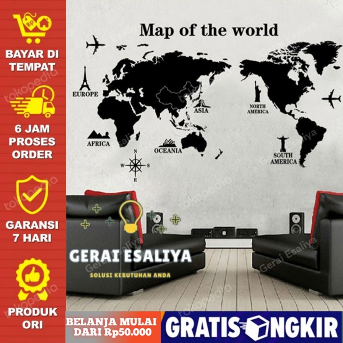 Jual Sticker Wallpaper Dinding World Map Living Room Decoration - Y1803 ...