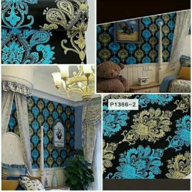 Jual wallpaper dinding motif batik kuning emas dan biru | Shopee Indonesia