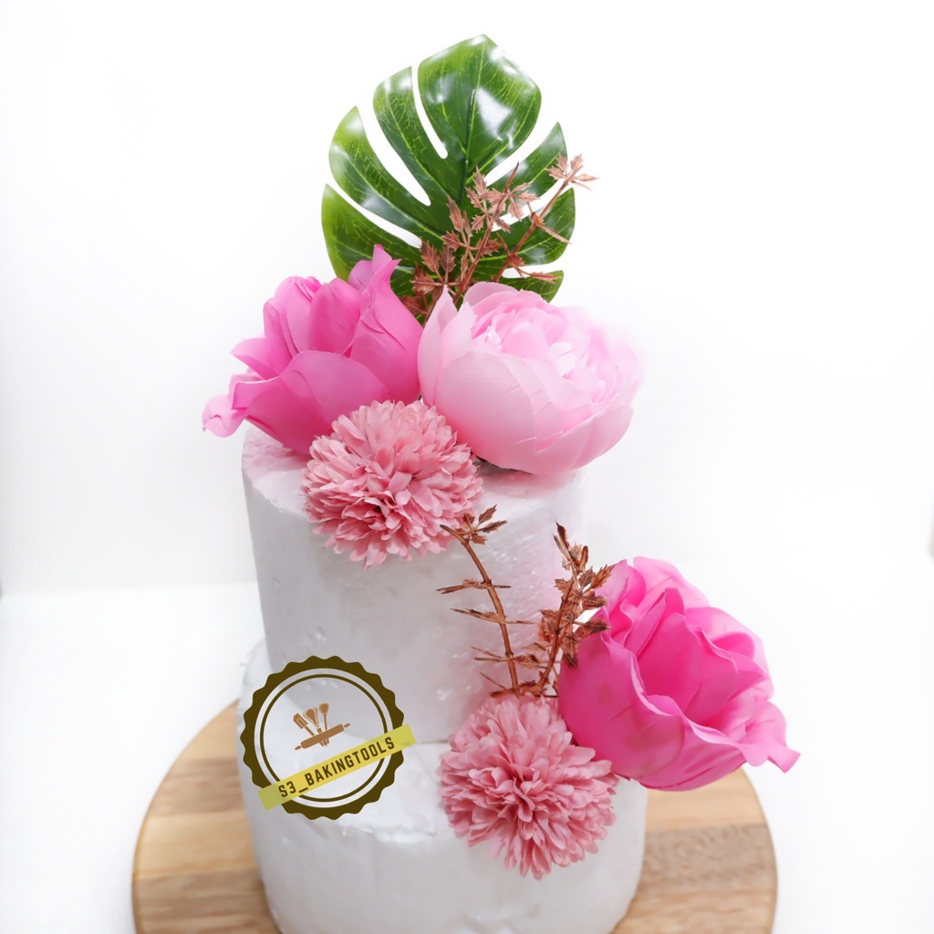 Jual Cake topper hiasan kue bunga lovely Pink set flower artificial | Shopee Indonesia