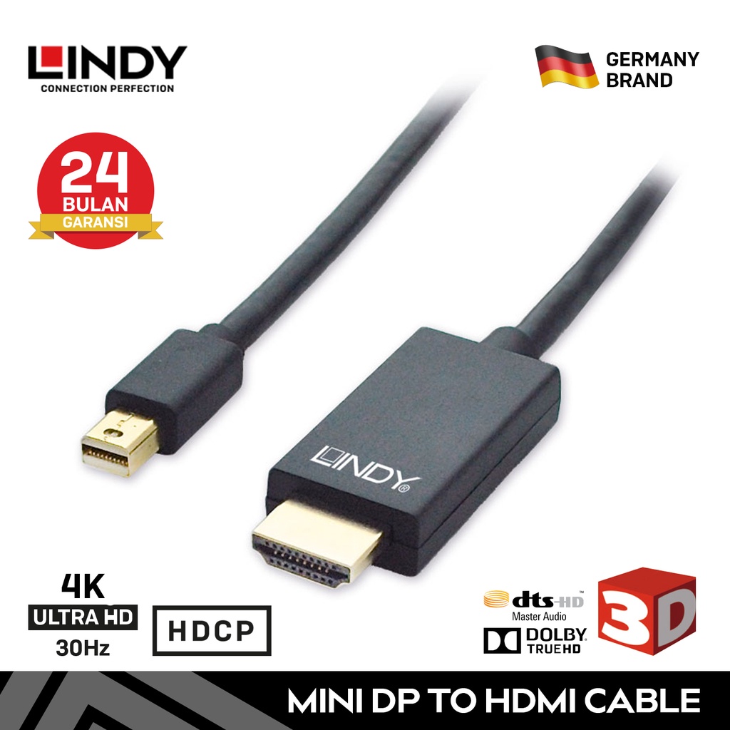 Jual LINDY 41722 2M Mini DisplayPort to HDMI 4K30 Adapter Cable ...