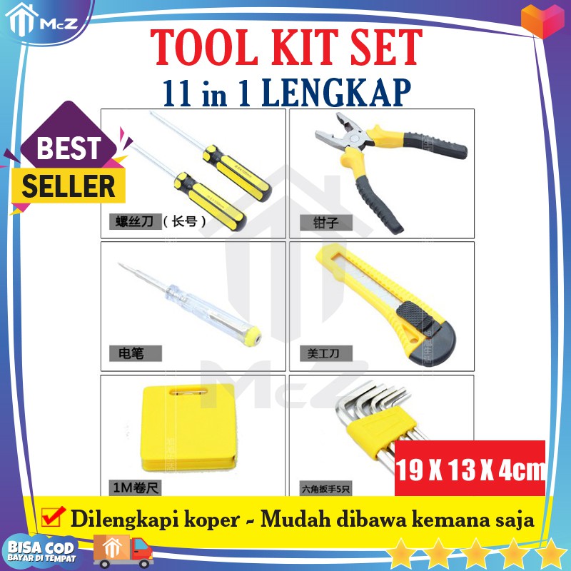 Jual Tool Kit Set 11 in 1 | Obeng,Tang, Cutter, Obeng, Meteran, Kunci L ...