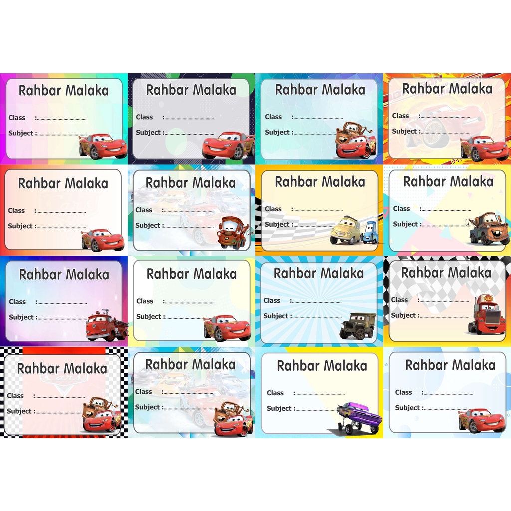 Jual Cars Mcqueen Label stiker buku nama kelas mapel custom | Shopee ...