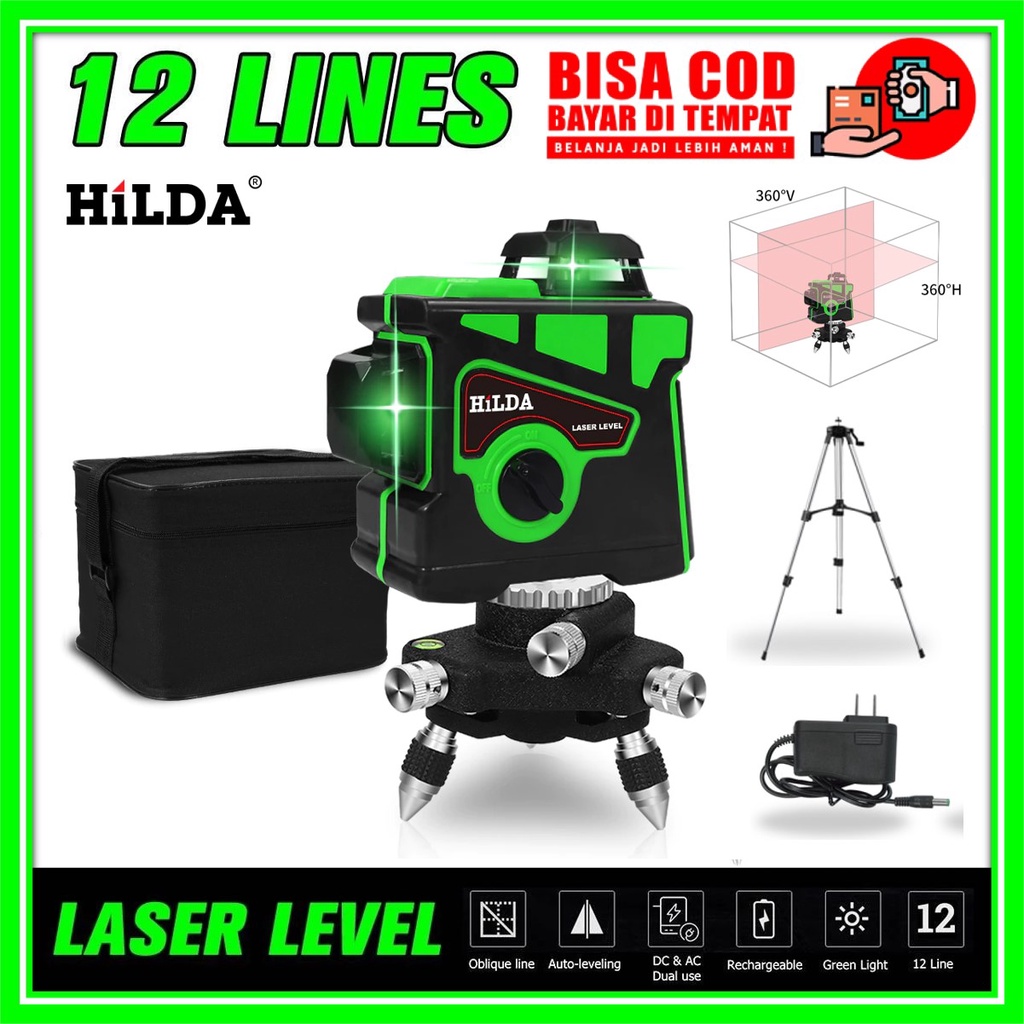 Jual HILDA Laser Level 12 Garis 3D Level Self-Leveling 360 Silang ...