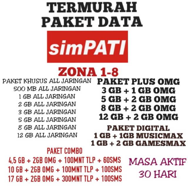 Jual PAKET DATA SIMPATI MASA AKTIF 30 HARI | Shopee Indonesia