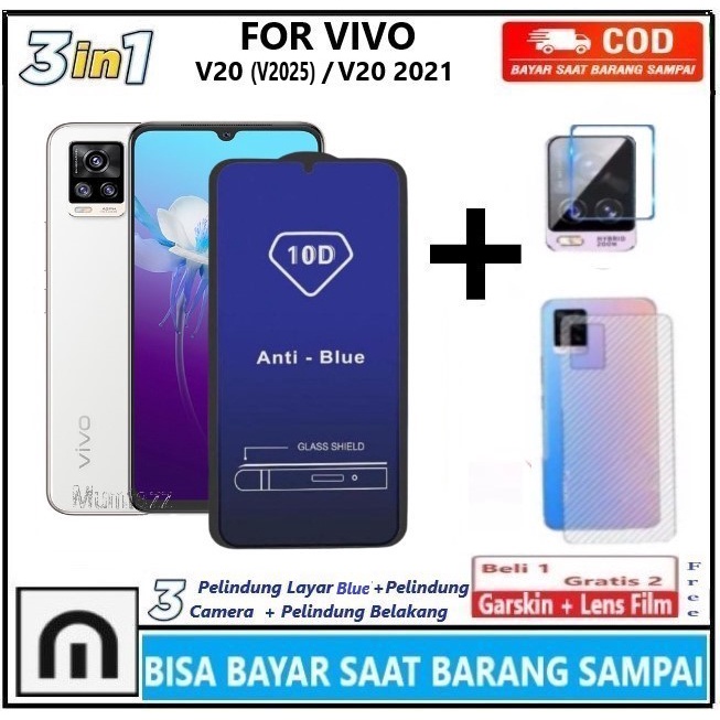 Jual Promo Paket 3in1 Tempered Glass Anti Blue Light Vivo V20 ( V2025 ) / V20 2021 Full Cover ...