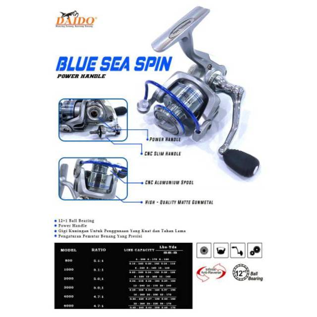 Jual Reel pancing daido blue sea spin 2000 power handle 12+1 ball ...