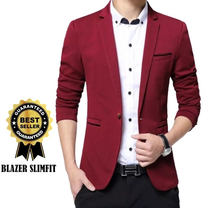 Jual TERLARIS ! JAS BLAZER PRIA SLIMFIT WARNA MERAH MAROON BAHAN TEBAL ...