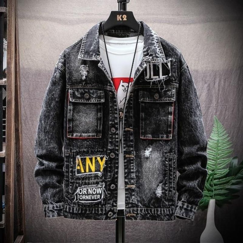 Jual jaket jeans pria dan wanita model tempel logo embelem bordir korea ...