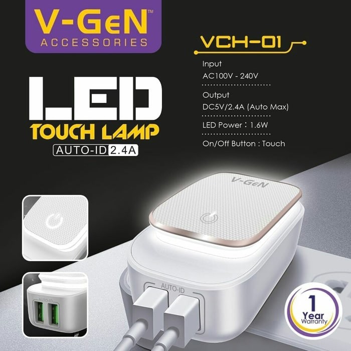 Jual Wall Charger 2 USB Port with LED Touch Lamp VCH-01 V-GeN |Adaptor | Shopee Indonesia