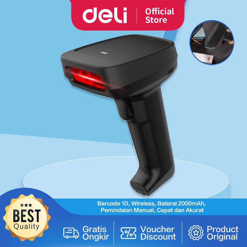 Jual Deli Barcode Scanner 1D Wireless Rechargeable Handheld Pemindai ...