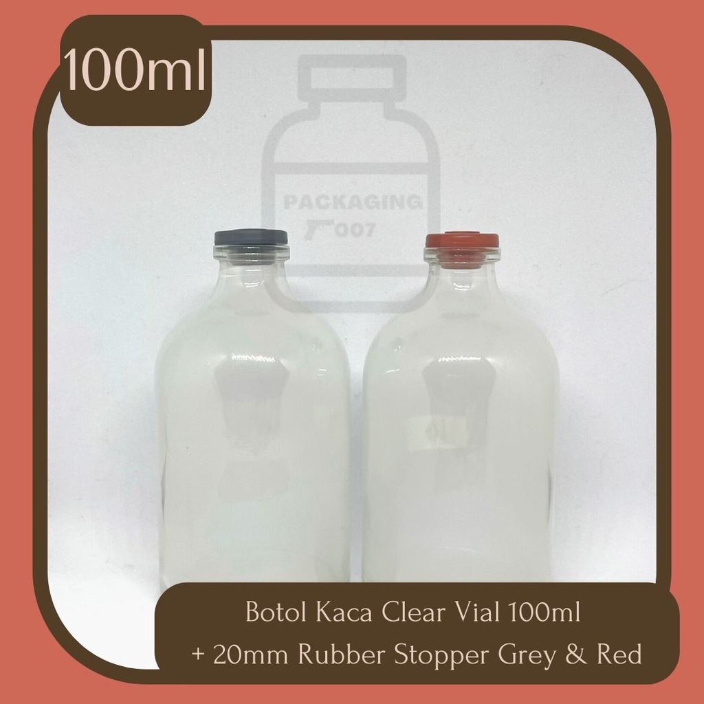 Jual Botol kaca Clear Vial 100ml + 20mm Grey / Red Rubber Stopper/botol ...