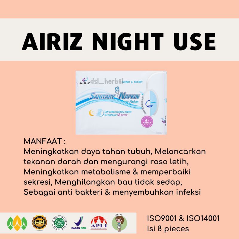 Jual AIRIZ SANITARY NAPKIN (NIGHT USE) isi 8 pcs | Shopee Indonesia