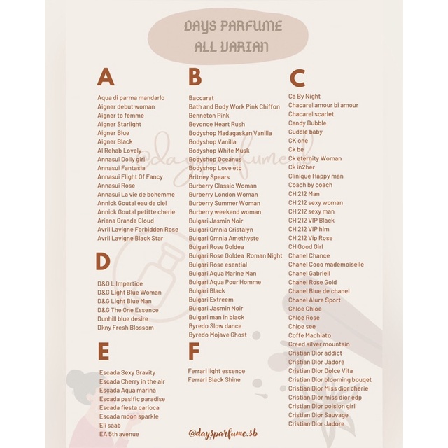 Jual (TULIS DI NOTE) DAYS PARFUM ALL VARIAN | Shopee Indonesia