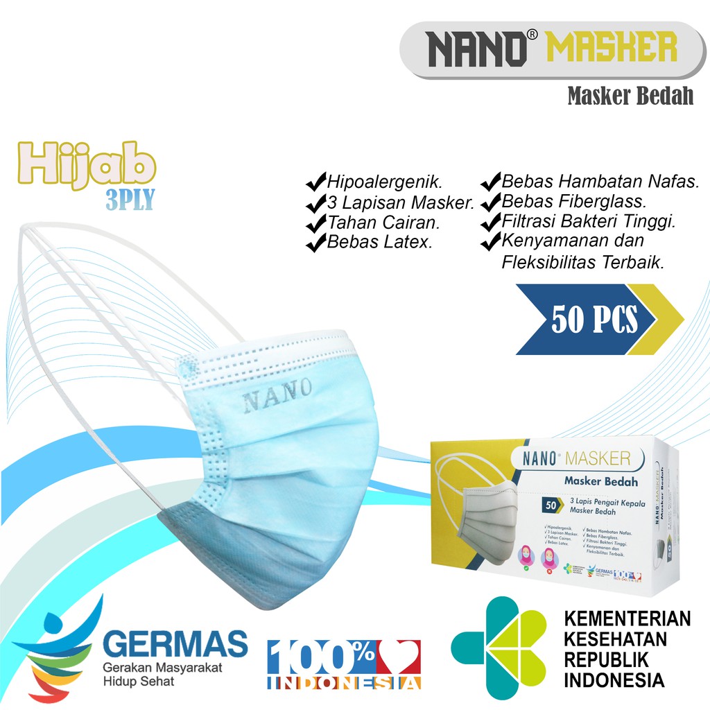 Jual Masker Nano 3 ply Earloop Biasa/ Hijab Isi 50 pcs | Shopee Indonesia