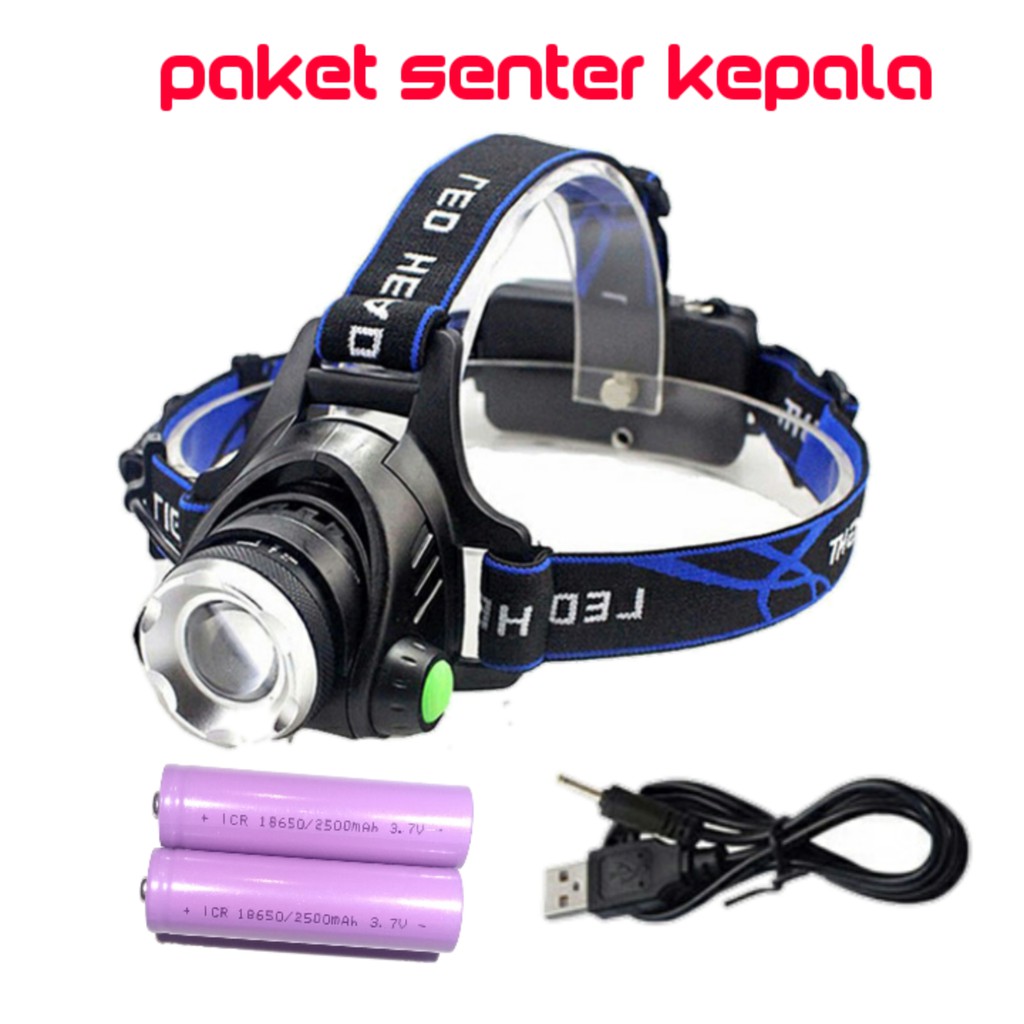 Jual Senter Kepala Lengkap High Power Headlamp LED Cree XML T6 + Usb Charger + 2x Baterai ...