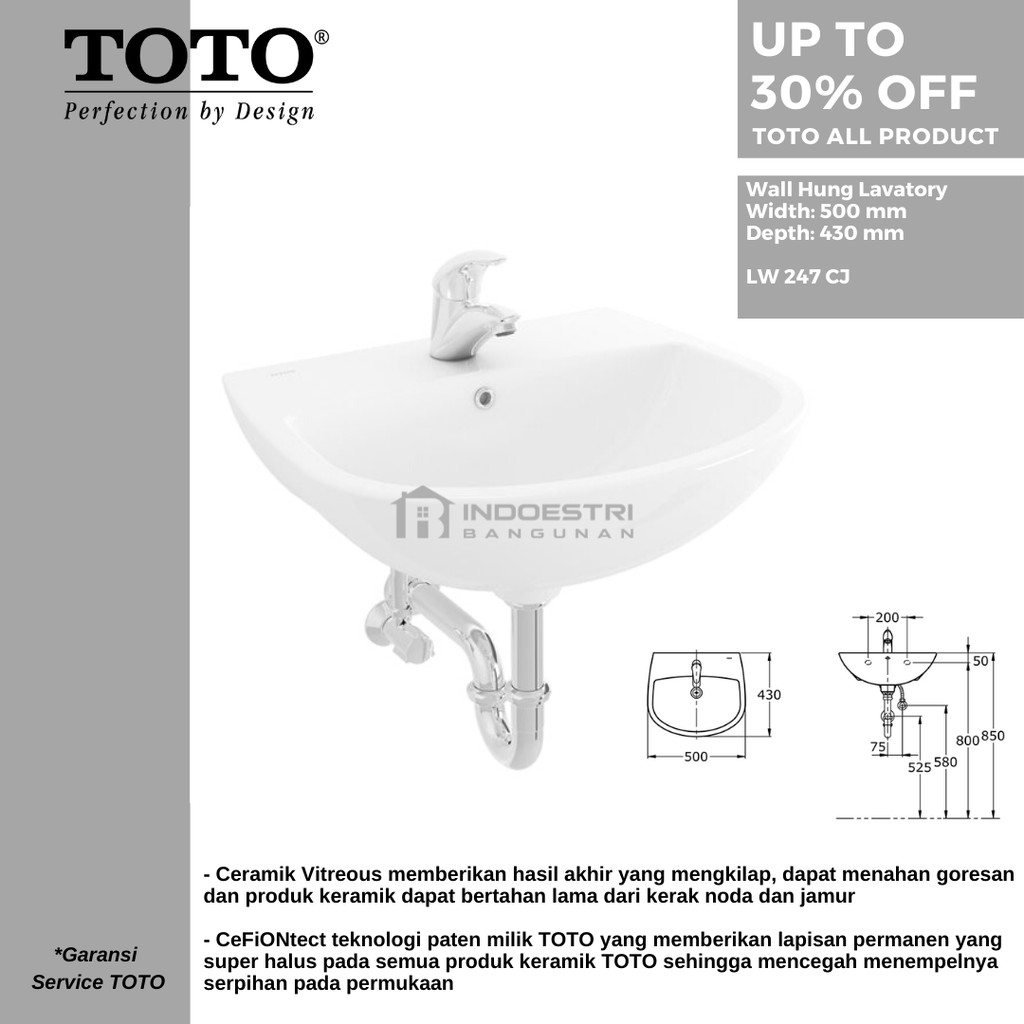 Jual Wastafel Wall Hung TOTO LW247CJ / Wastafel Gantung TOTO (Body Only ...