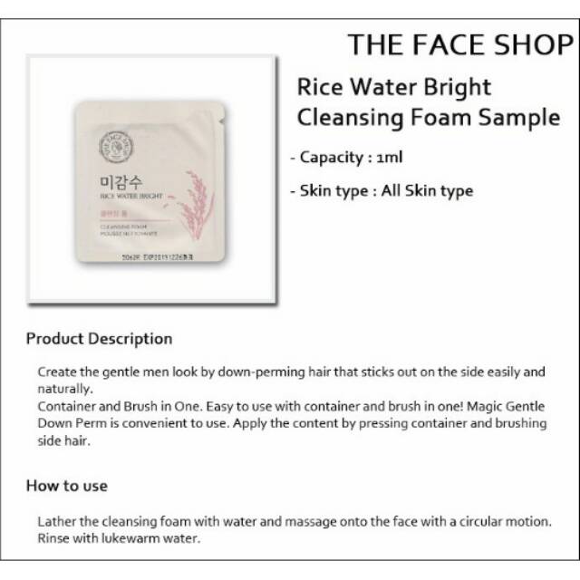 Jual The Face Shop - rice water bright cleansing foam (sample) | Shopee ...