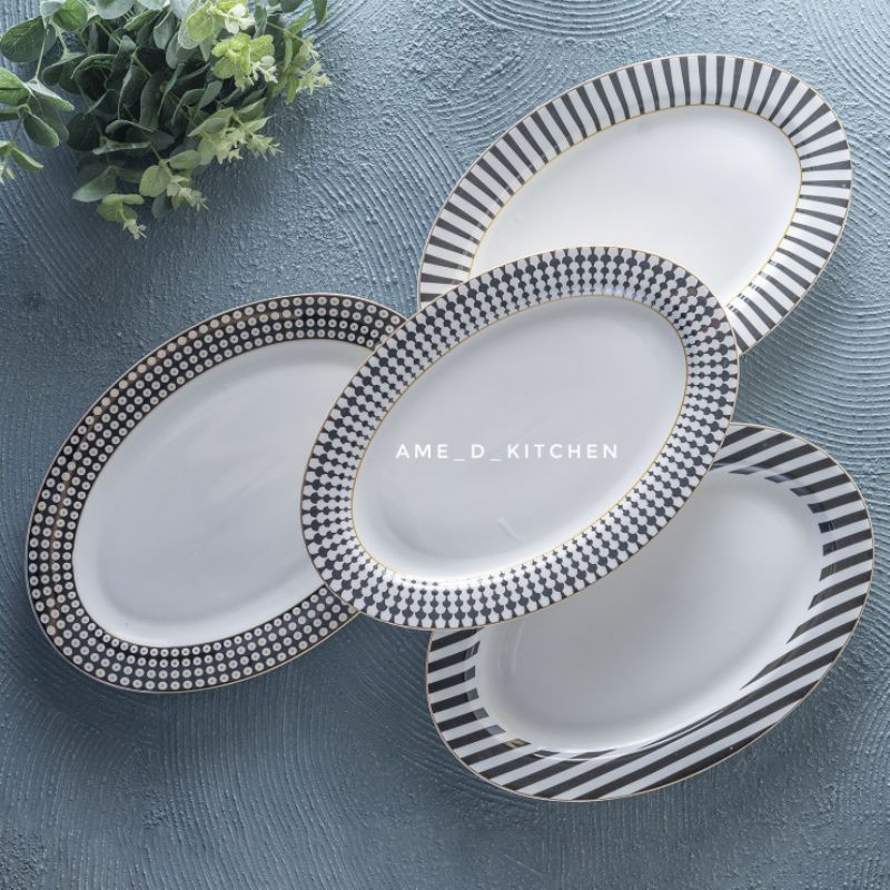Jual Piring bijian oval keramik besar 14" black and white | Shopee ...