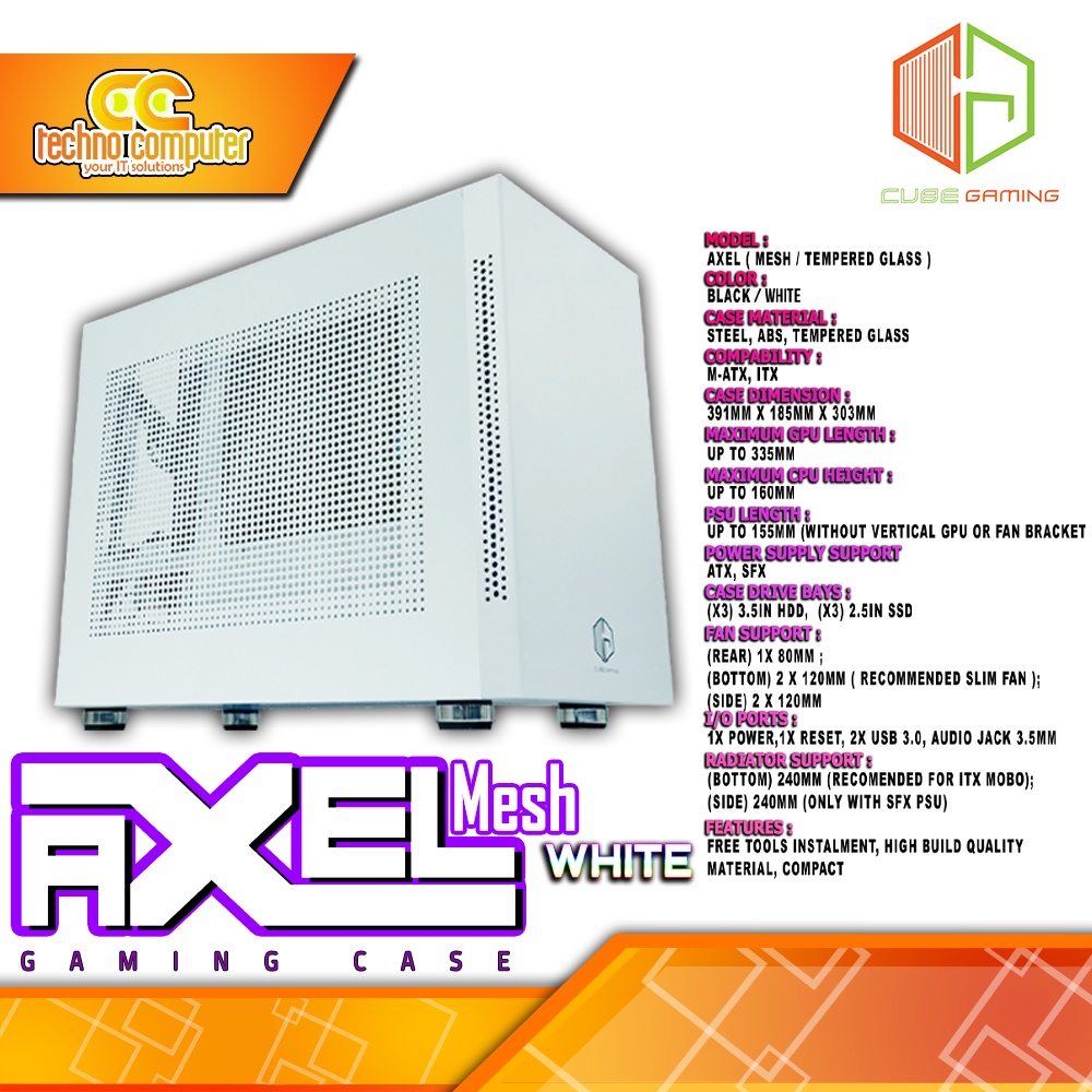 Jual CASING CUBE GAMING AXEL Mesh White - Mini ITX Case With Tempered ...