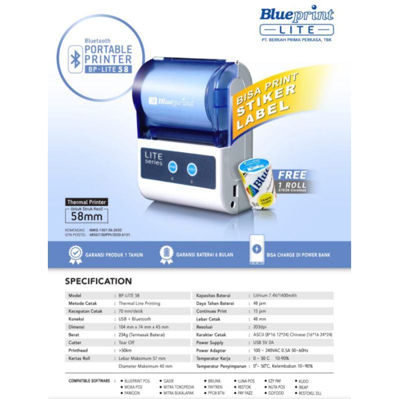 Jual Printer Thermal Kasir Portable PPOB Bluetooth BLUEPRINT LITE58 ...