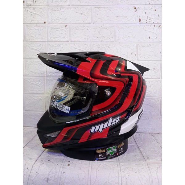 Jual HELM MDS SUPERMOTO #2 BLACK WHITE RED DOUBLE VISOR | Shopee Indonesia