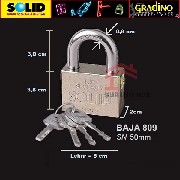 Jual Gembok Baja Solid 809 50mm SN / Leher Pendek 809 50 mm / Short 50 ...