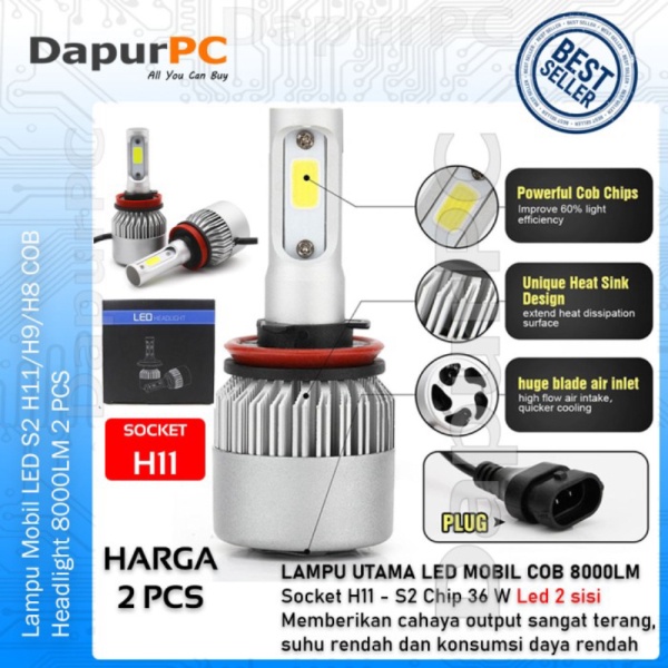 Jual Lampu Mobil LED S2 H11/H9/H8 8000LM 72W COB Headlight 2 PCS Lampu Murah | Shopee Indonesia
