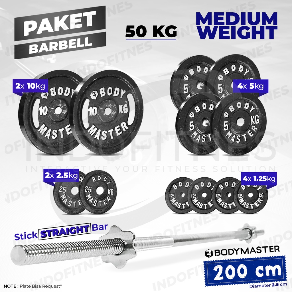 Jual BODYMASTER Paket Stick 200 cm Plate beban besi Dumbell Barbel Bar ...