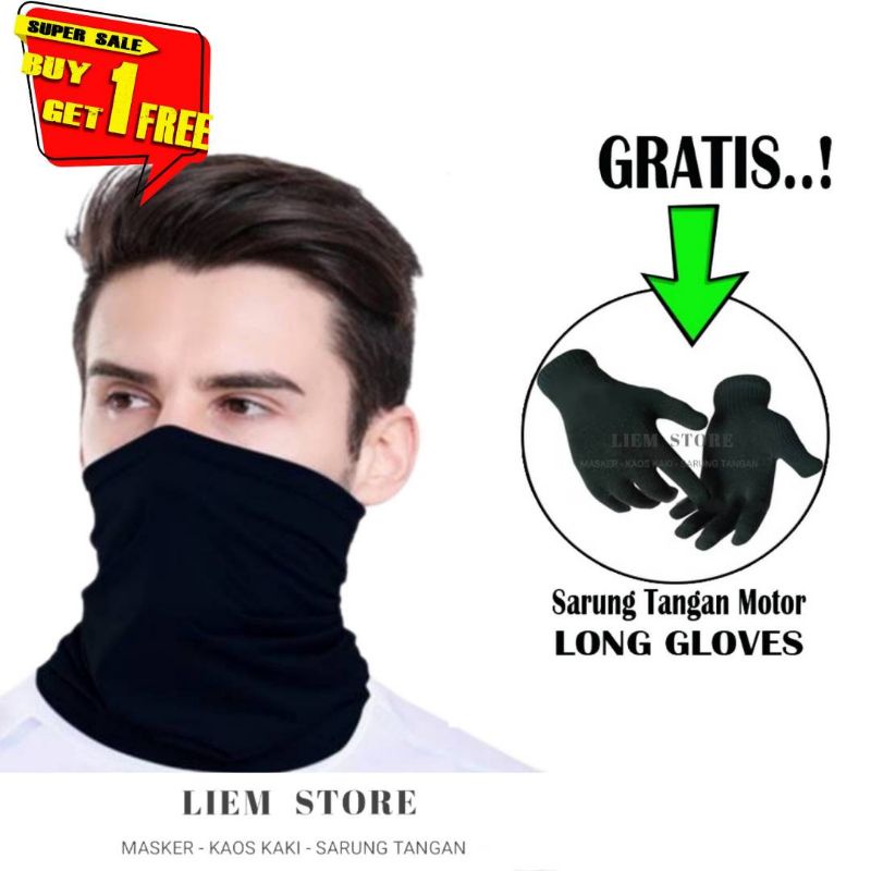 Jual BUY 1 GET 1 FREE / Masker Buff HITAM POLOS + Gratis 1 Sarung ...