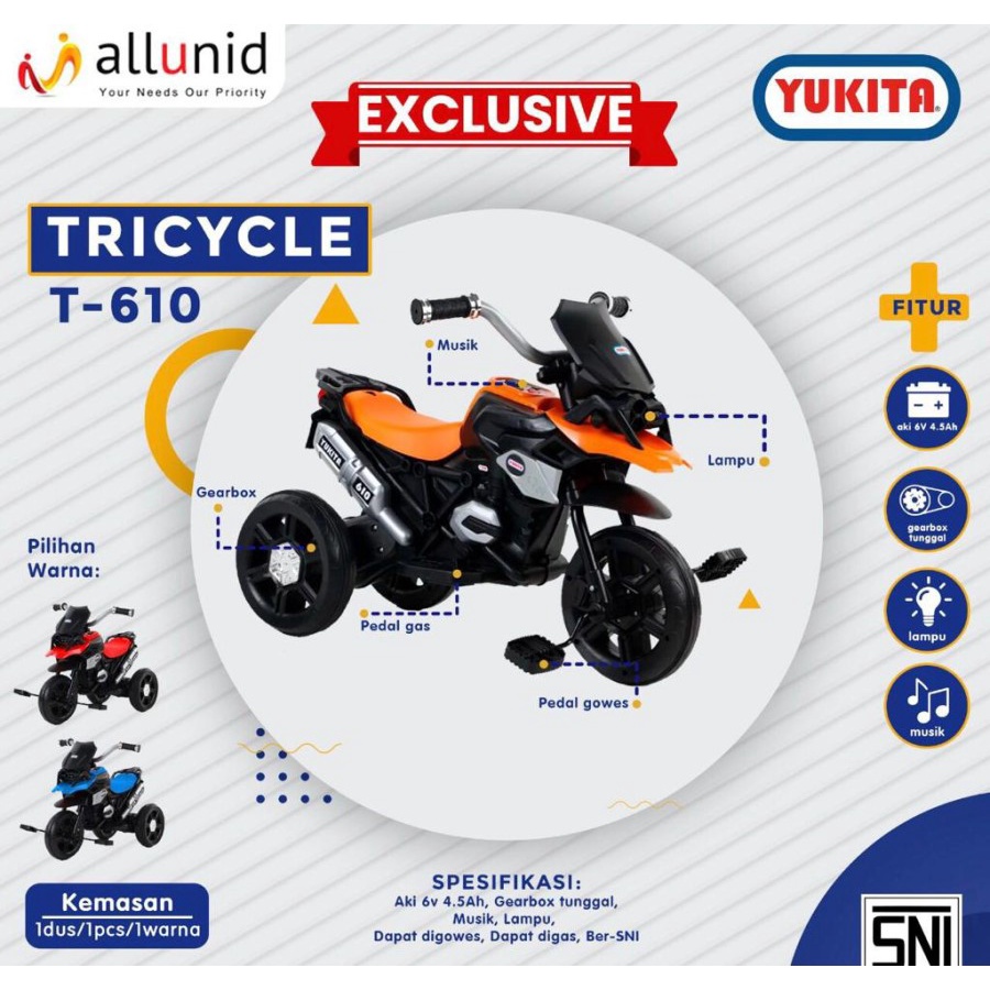 Jual Mainan Motor Aki Anak Roda Tiga DUA FUNGSI Yukita T 610 T610 Maenan Motoran | Shopee Indonesia