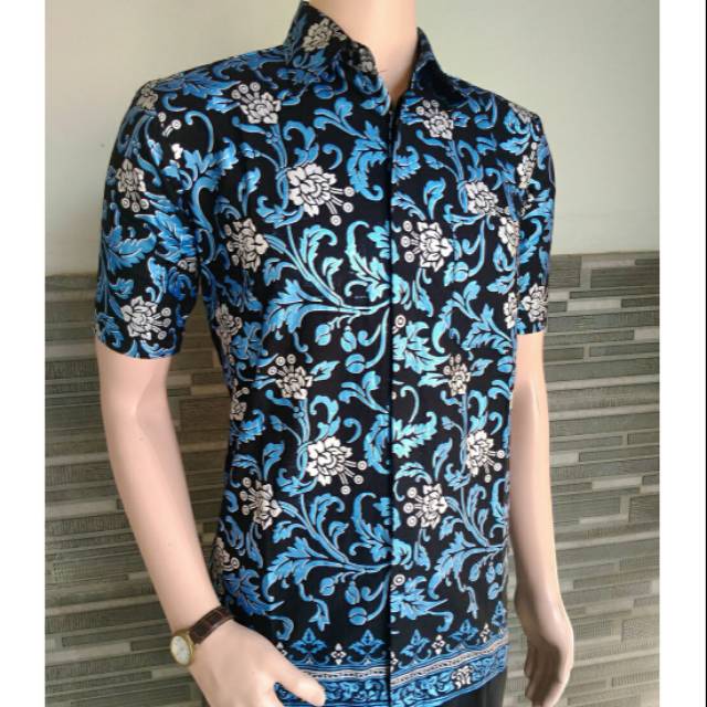 Jual Baju batik pria mutiara biru lengan pendek | Shopee Indonesia