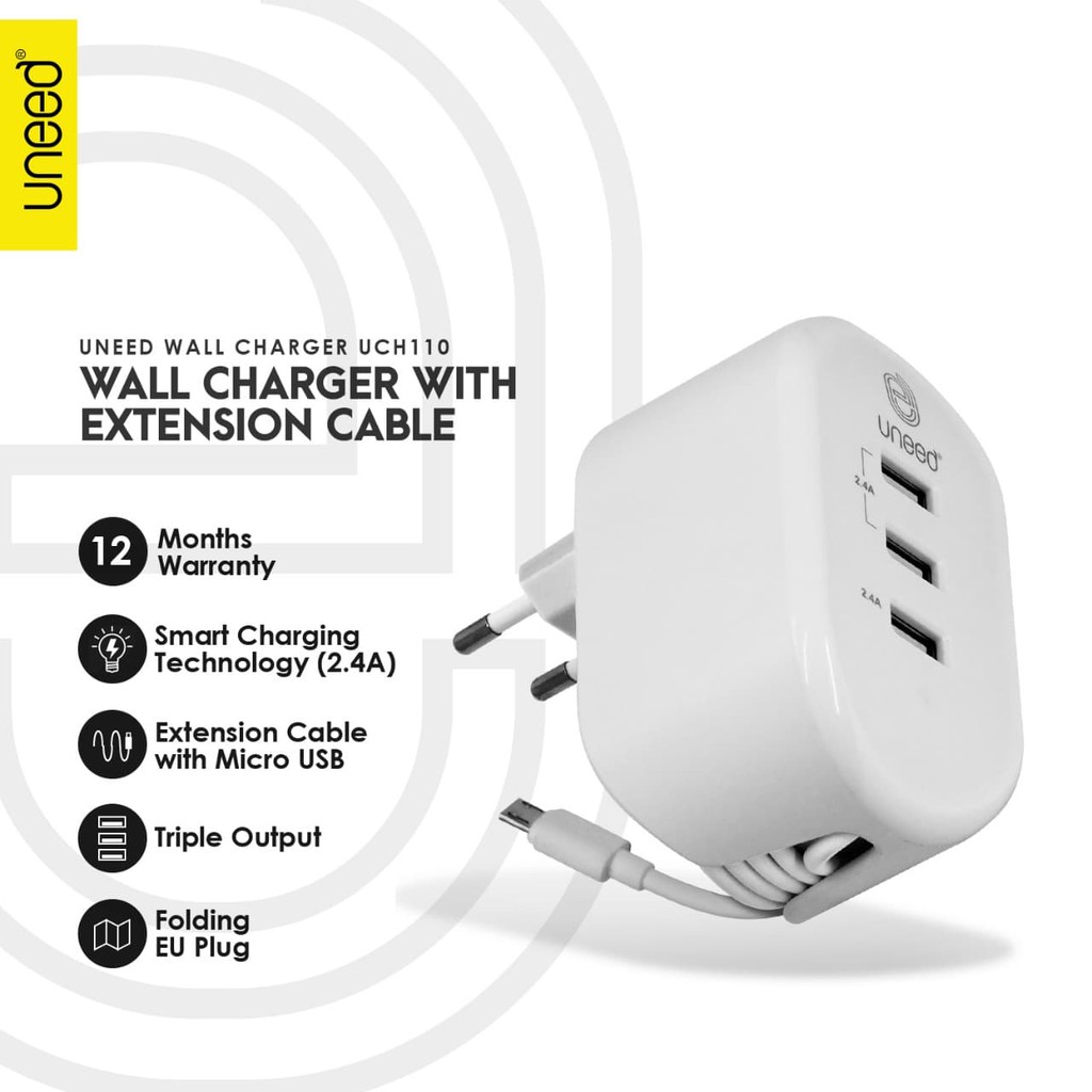Jual UNEED Smart Charger Adaptor Fast Charging 3 USB Port + Kabel ...