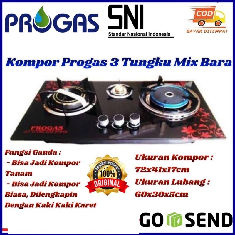Jual PROGAS PG-333 Kompor Gas Kaca Tanam 3 Tungku Mix Bara Hitam | Shopee Indonesia