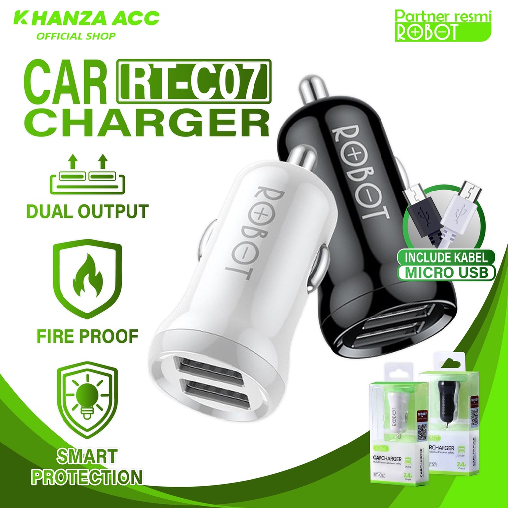 Jual KHANZAACC ROBOT RT C07 Car Charger Casan Mobil 2 Port USB Free Kabel Micro USB | Shopee ...
