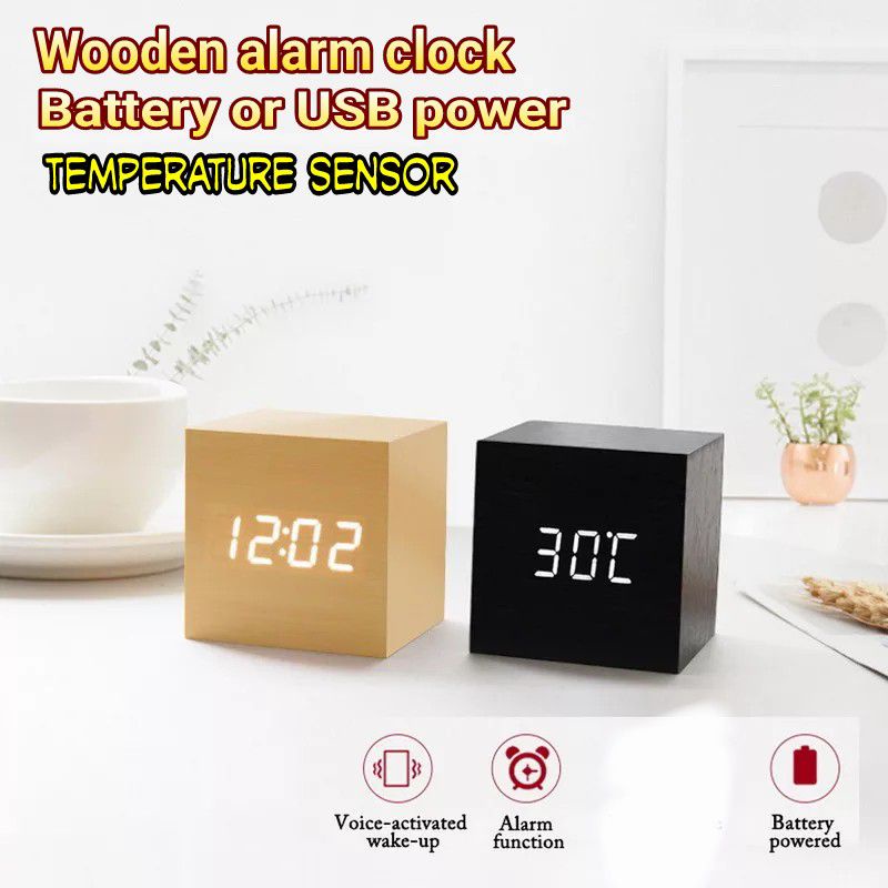 Jual jam meja kayu led digital alarm clock temperatur suhu date tanggal ...