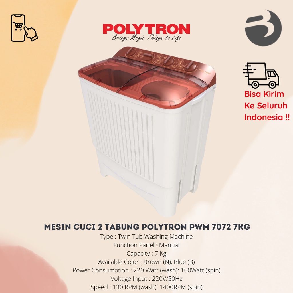 Jual MESIN CUCI 2 TABUNG POLYTRON PWM 7072 7KG (BISA KIRIM KE SELURUH INDONESIA) | Shopee Indonesia