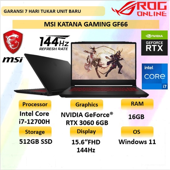 Jual LAPTOP GAMING MSI KATANA GF66 INTEL 7 GEN 12 i7 12700H RAM 16GB SSD 512GB NVIDIA RTX3060 ...