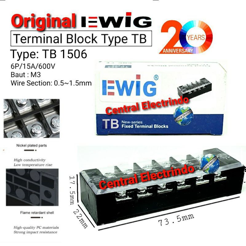 Jual Terminal Block Blok 15A 6P (TB 1506) EWIG. | Shopee Indonesia