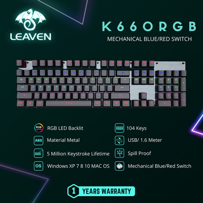 Jual Leaven Keyboard Gaming Mechanical K660 104 Keys Lampu RGB - Hitam ...