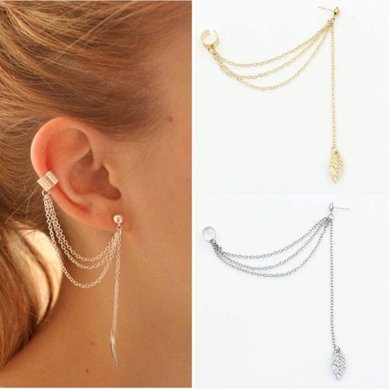 Jual Anting Stud Jepit Juntai Aksen Daun Rantai Leaf Earrings Chain ...