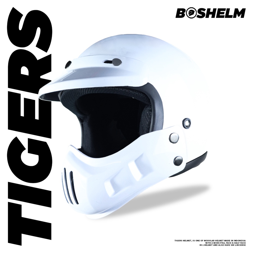 Jual BOSHELM Helm Cakil Modular Tigers PUTIH GLOSSY Helm Full Face SNI ...