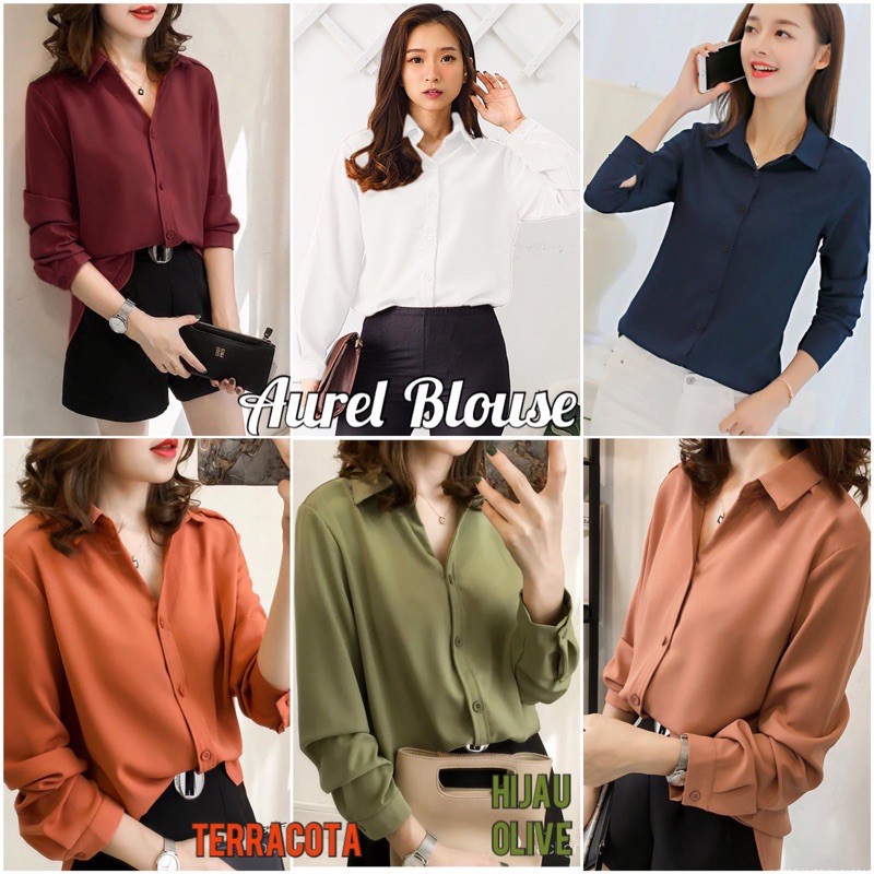 Jual AH - KEMEJA AUREL/KEMEJA BASIC Wanita Polos Basic Lengan Panjang | Shopee Indonesia