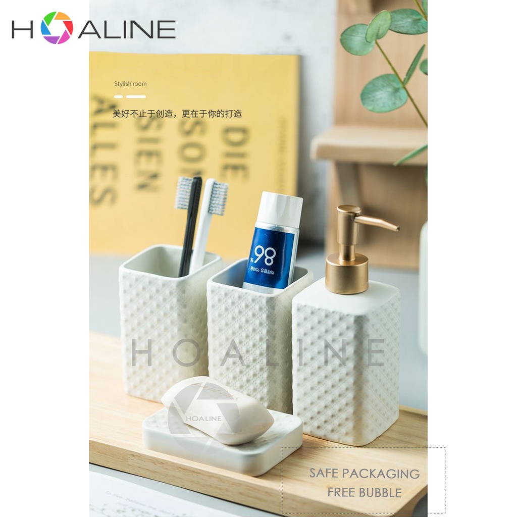 Jual Dispenser Tempat Odol Sikat Gigi Sabun Gelas Kumur Set HL 008 Bahan Keramik Estetik Nordic ...